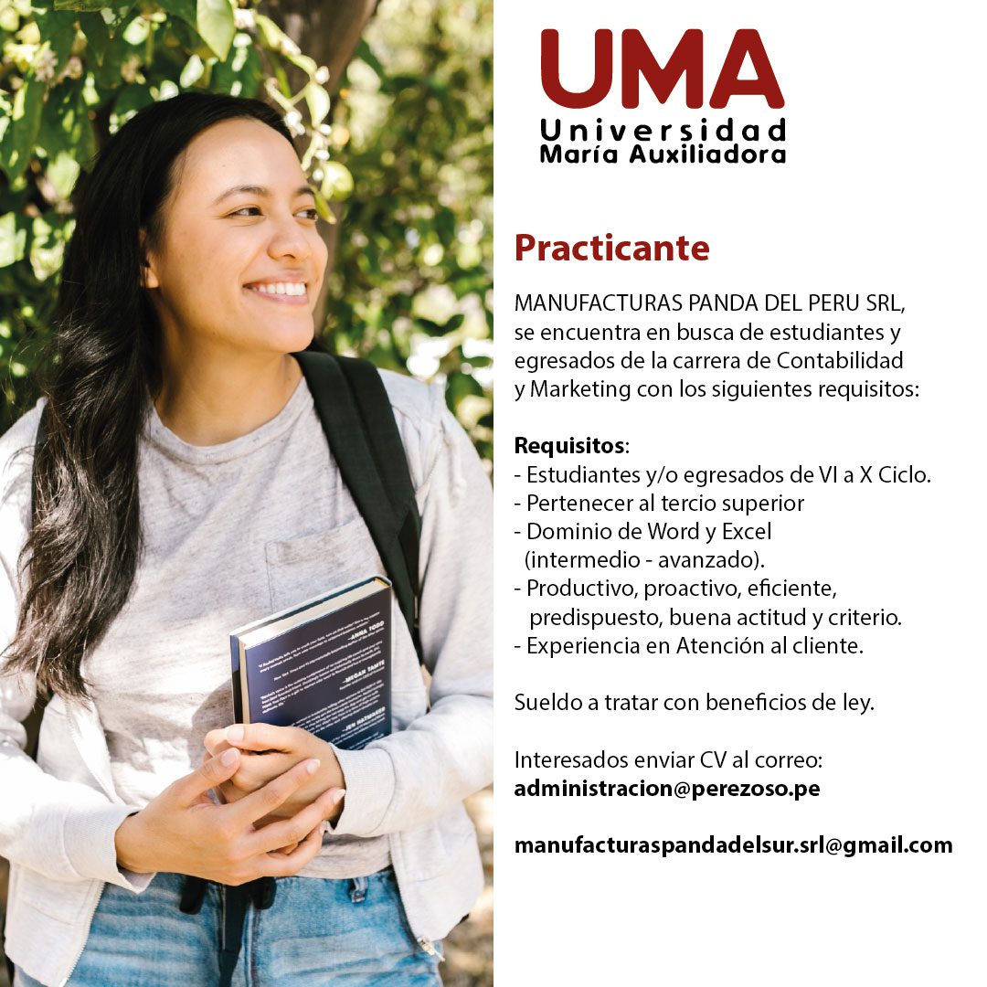 Se busca Practicante Administrativo – UMA Universidad María Auxiliadora